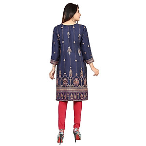 Indian Kurtas for Women Silk Long India Kurti Tunic Party Wear Tops (Blue, 3XL)