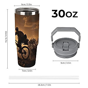 30oz Stainless Steel Insulated Tumbler with Flip Lid & Straw, Leakproof Travel Mug for Car, Mountain Bike in The Evening Double Wall Vacuum Thermal Coffee Cup with Handle, Spill-Proof Design for Hot/C