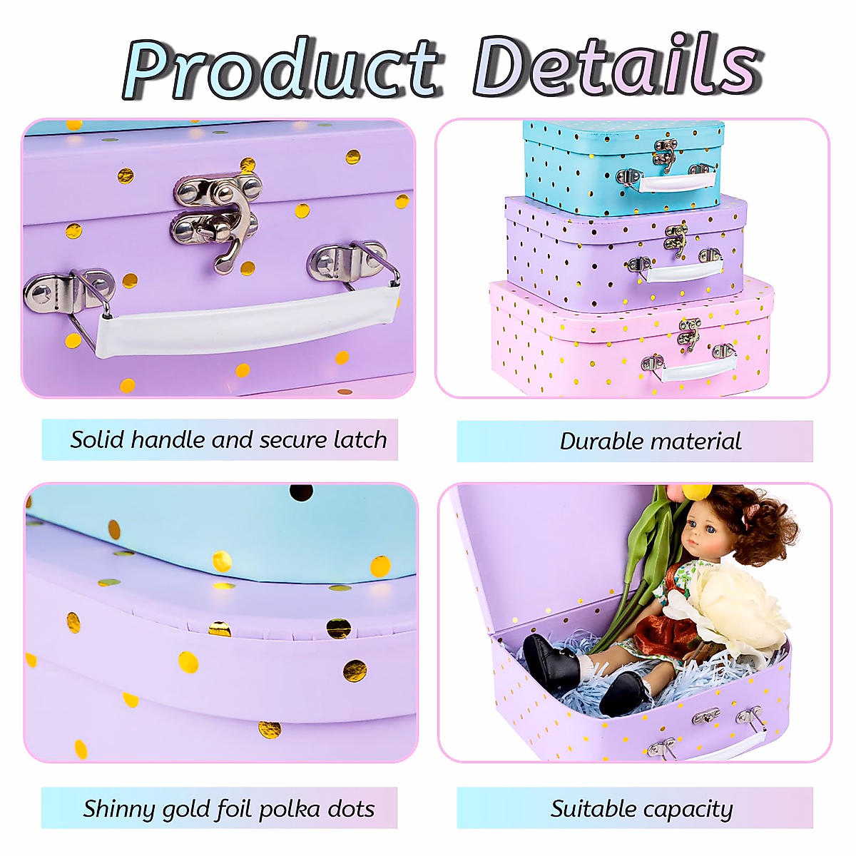 Eazy2hD Paperboard Suitcases, Set of 3 Decorative Storage Boxes Gift Boxes With Lids for Photo Storage Home Decoration, Birthday, Weddings, Anniversary - Mini Cardboard Suitcase - Gold Foil Polka Dots