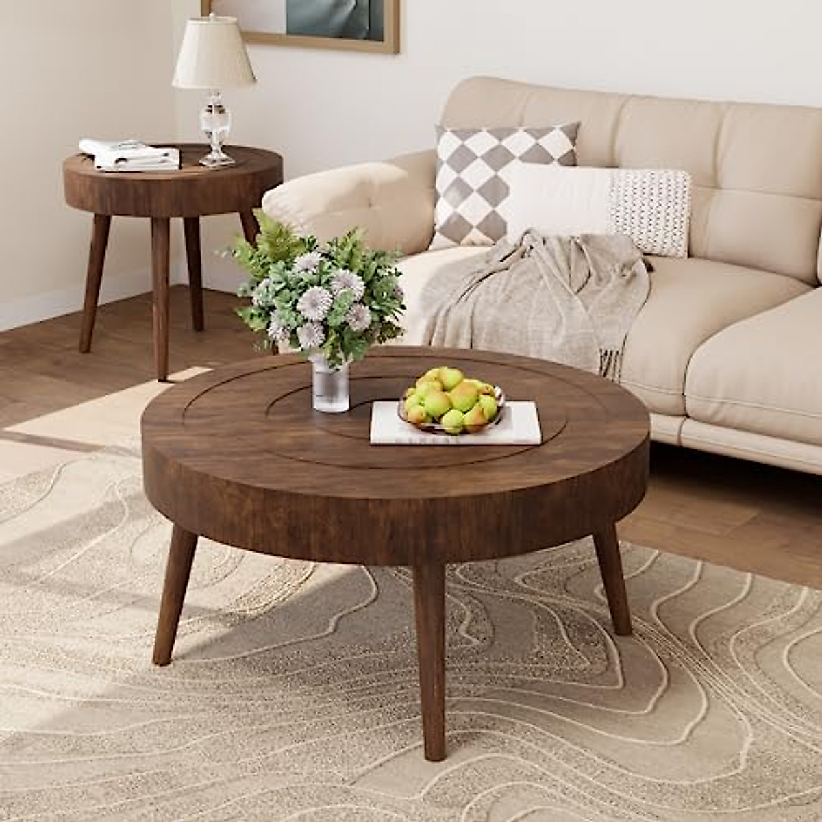 COSIEST 2 Piece Round Coffee Table Set, Modern Nesting Table with Handcrafted Wood Ring Motif, Farmhouse Wood End Table for Living Room