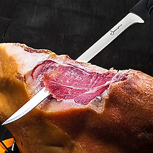 Ham Carving Knife with Honing Steel and Ham Cover - Professional Set for Slicing Serrano, Ibérico Ham & Italian Prosciutto