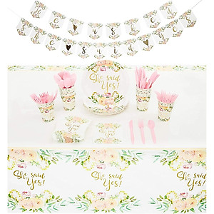 Sparkle and Bash Bridal Party Pack, Includes Paper Plates, Napkins, Cups, Cutlery, Banner, and Plastic Tablecloth (Serves 24, 146 Pieces)