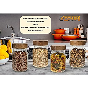 Wooden Mason Jar Lids Value Pack - 24 Mason Jar Lids Choose From Regular Mouth or Wide Mouth - Custom Molded Screw Top Mason Jar Lid Set Storage Lids for Ball Jars Only by Kitchen Charisma (Regular Mouth (2.5 in. Jar Opening), Acacia Wood (Brown Color))