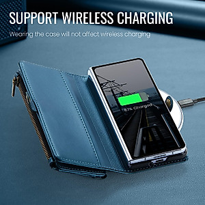 Defencase Wallet Case Compatible with Samsung Galaxy Z Fold 5 with RFID Blocking Card Holder & S Pen Holder PU Leather Magnetic Snap Flip Zipper Strap Phone Case Fit for Galaxy Z Fold 5, Dark Blue