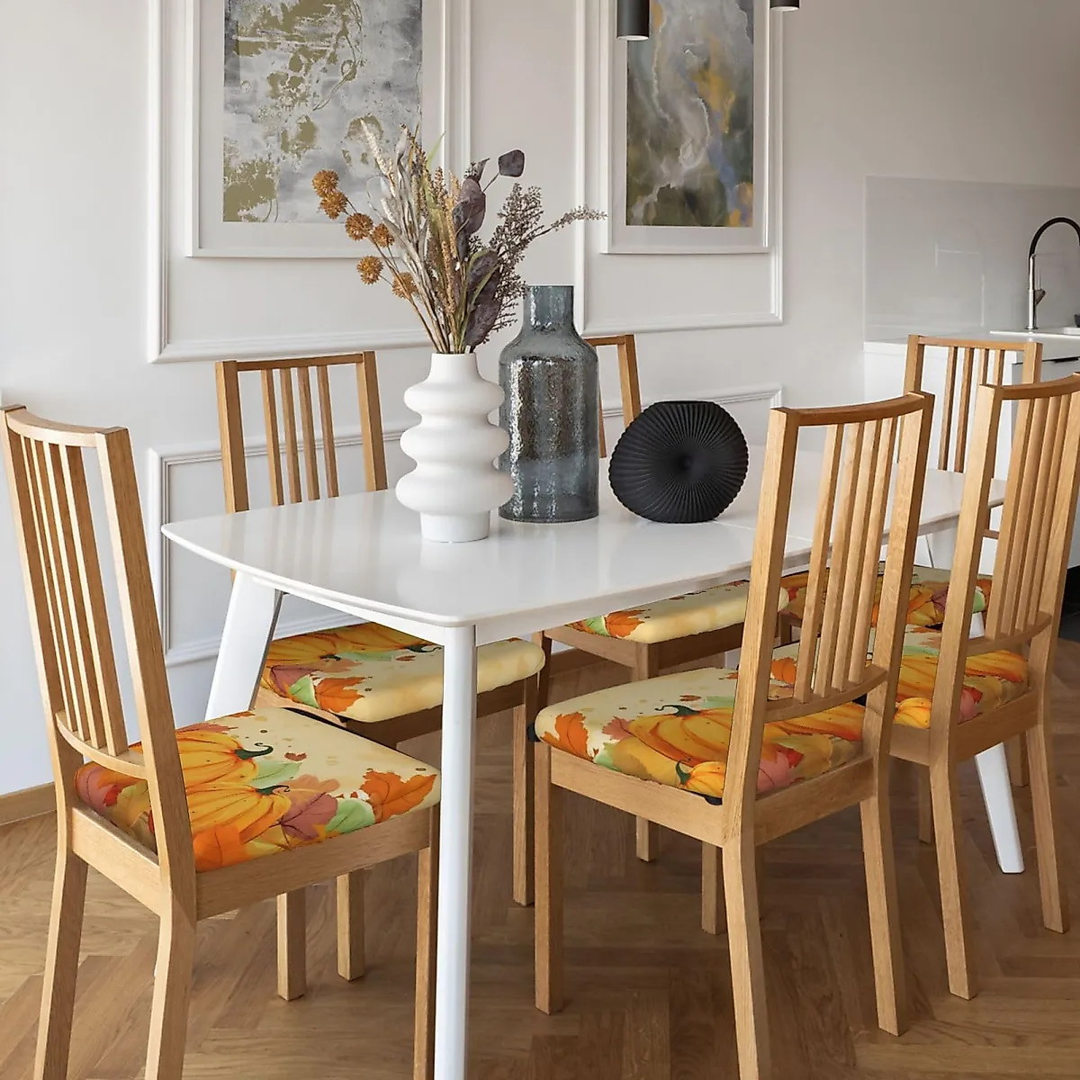 SHIRMDIY Set of 4 Removable Chair Seat Covers for Dining Room, Fall Pumpkins Stretchable Wedding Party Chair Slipcovers Cushion Protector Thanksgiving Leaf Furniture Decor, 16.9x16.9 Inches