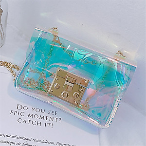 Holographic Clear Purse Crossover Shoulder Messenger Bag Laser Sling Purse with Golden Chain, Transparent