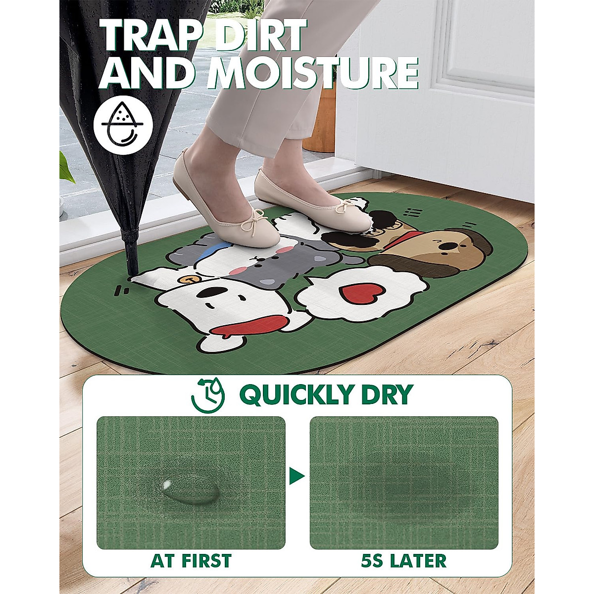 LUMI Adorable Flat Door Mat, Ultra-Thin, Absorbent, Non-Slip, Perfect for Kids' Spaces and Play Areas with Lovable Animal Prints, 17.5"x29.5", Four Dogs