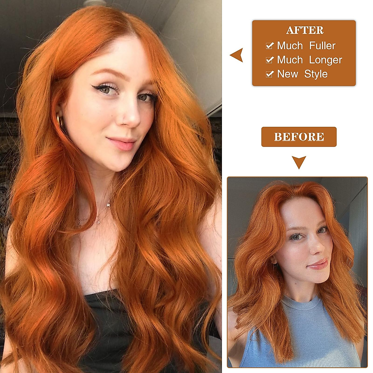 WECAN Clip In Hair Extensions 20 Inch 6pcs Copper Red Long Wavy Curly Hair Extensions Ginger Synthetic Fiber Double Weft Soft Hairpieces For Women Full Head