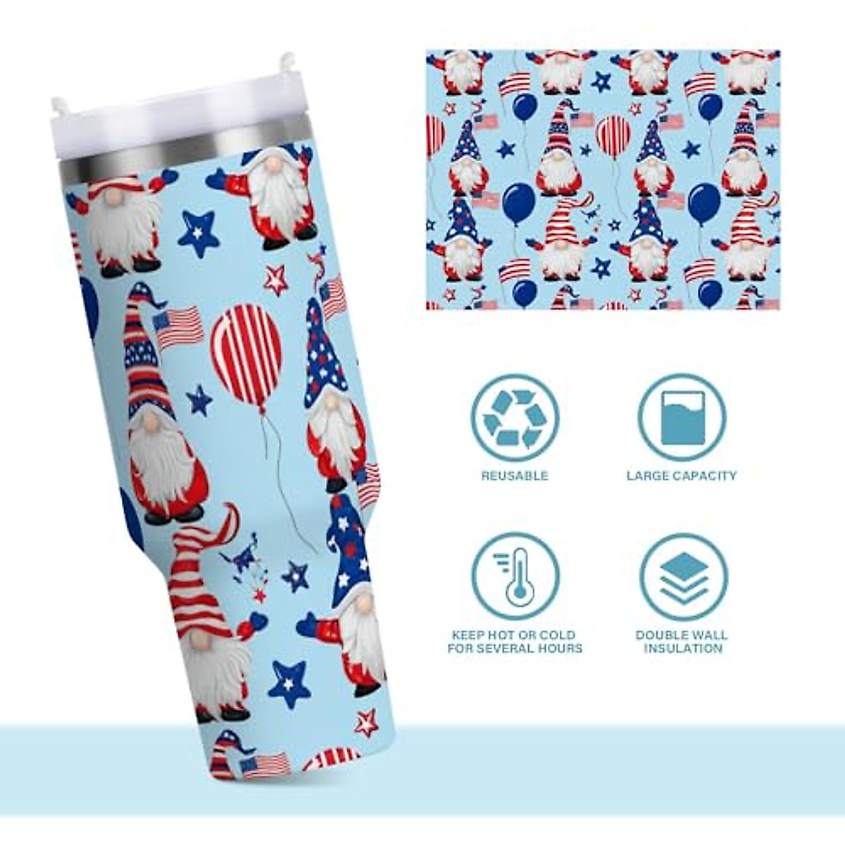 ODAWA 40oz Leak Proof Tumbler, Gnomes Stars Blue Stainless Steel Insulated Tumbler with Handle and Straw