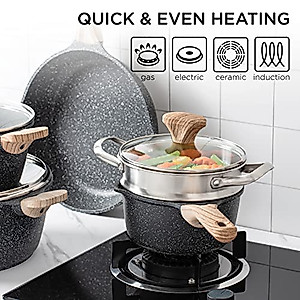 Country Kitchen Nonstick Induction Cookware Sets - 11 Piece Cast Aluminum Pots and Pans with BAKELITE Handles with Glass Lids - Grey