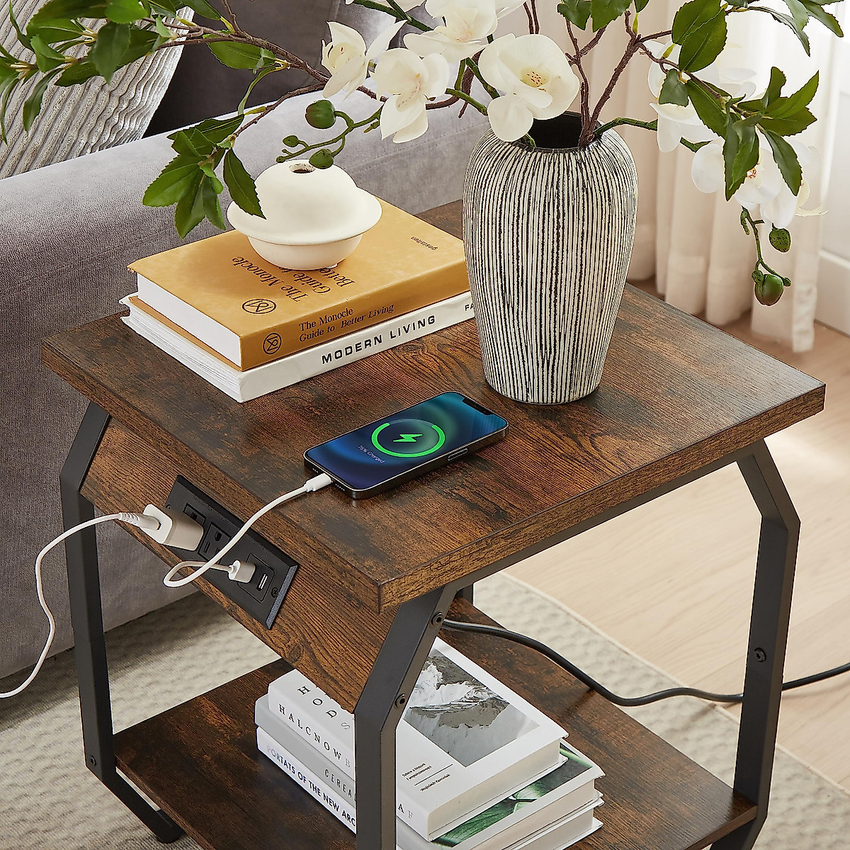 CANJUXK Side Tables with Charging Station, Set of 2 End Tables with USB Ports and Outlets, Nightstands for Living Room, Bedroom, Plug-in Series, Rustic Brown