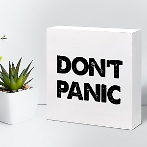 Don't Panic Wood Block Sign Desk Decor,Rustic Inspirational Wooden Box Plaque Sign Desk Decor for Home Bedroom Living Room Office Book Club Shelf Table Decor Decorations