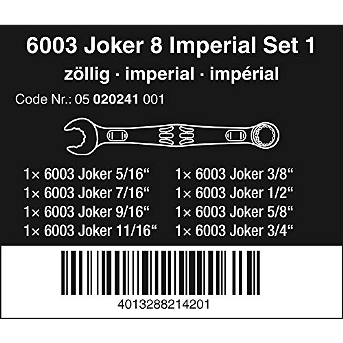 Wera 05020241001 6003 Joker 8 Imperial Set 1 Combination Wrench Set, Imperial, 8 Pieces