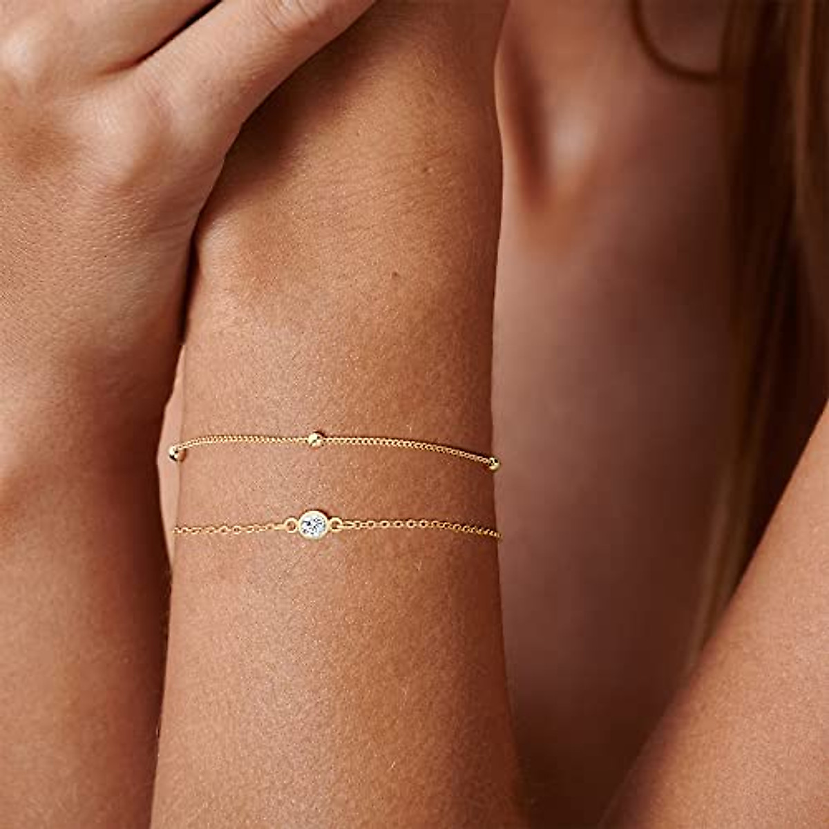 Moodear Gold Bracelet Sets for Women 14K Gold Plated Dainty Beaded Bracelets Stack Adjustable Layered Gold Link Bracelet Crystal Center Bracelet Cuff Bangle Set Fashion Jewelry