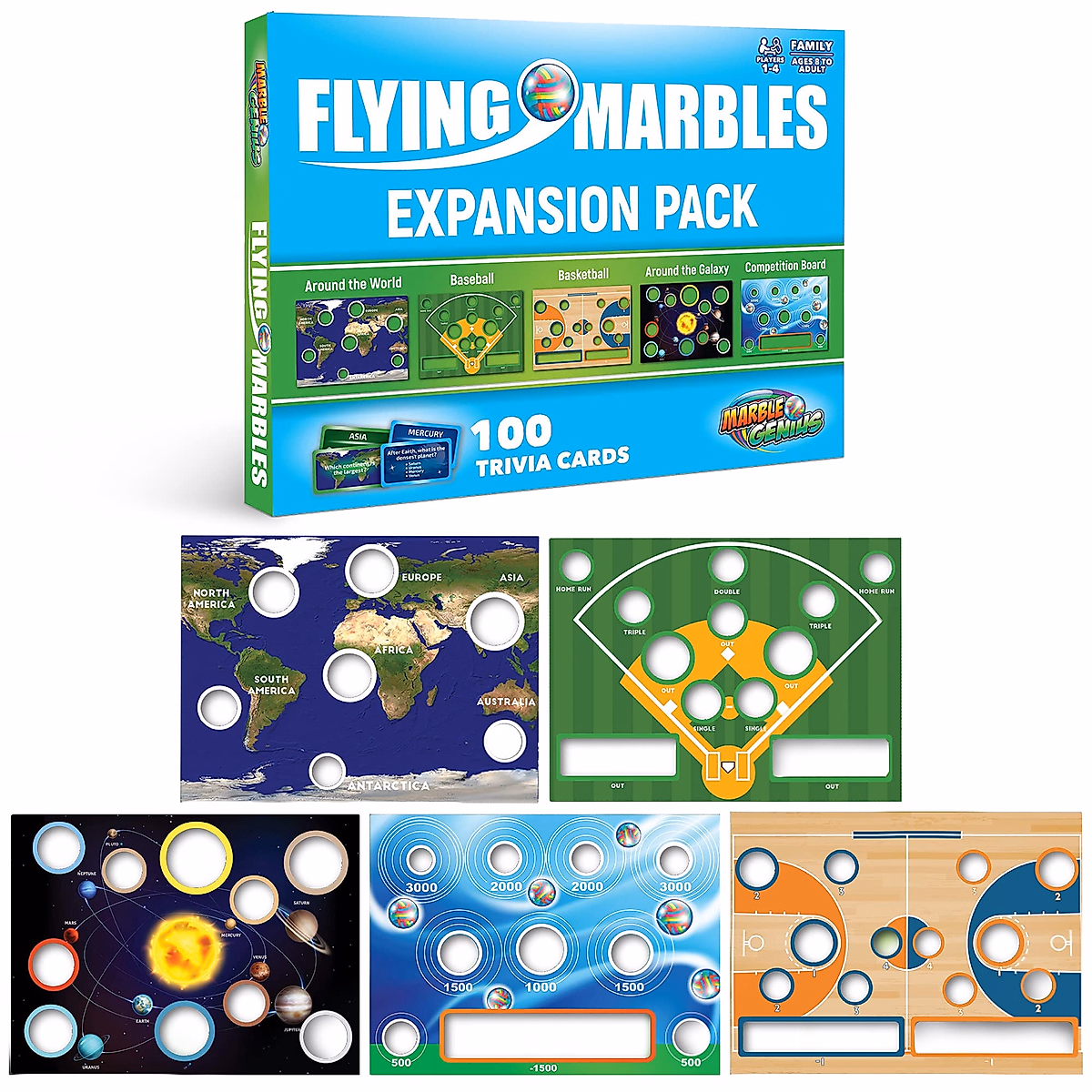 Marble Genius Flying Marbles Expansion Pack - 5 Boards + 100 Trivia Cards Set, Experience The Thrill of Racing, Includes an App with Additional Challenges That is Perfect for Kids, Teens, and Adults