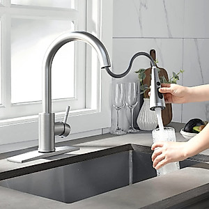 LEPO Brushed Nickel Pull Out Kitchen Sink Faucet, Modern Stainless Steel Single Handle High Arc Rv Faucet with Pull Down Sprayer and Deck Plate