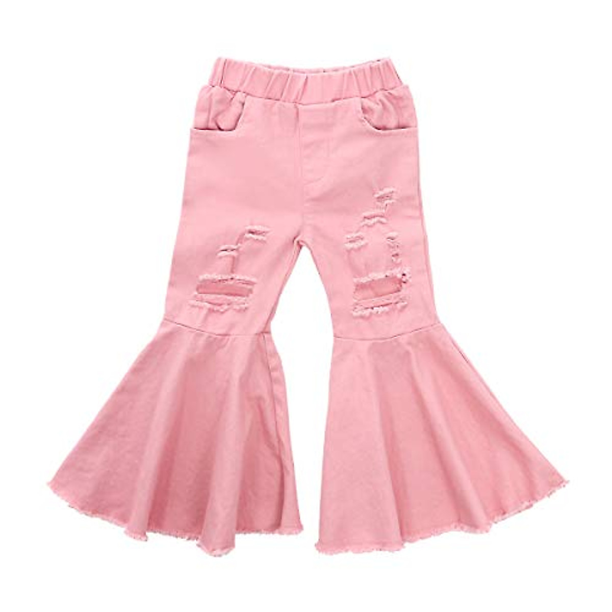 FIOMVA Toddler Baby Girls Flare Pants Solid Denim Ripped Jeans Ruffle Wide Leg Legging Trousers High Waist Bell Bottoms (C-Ripped Pink,4-5T)