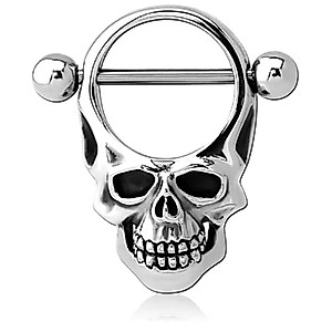 PAIR 14G 3-D PUNK SKULL NIPPLE SHIELD RING NIPPLERINGS STEEL PIERCING BARBELLS Style 88888-987
