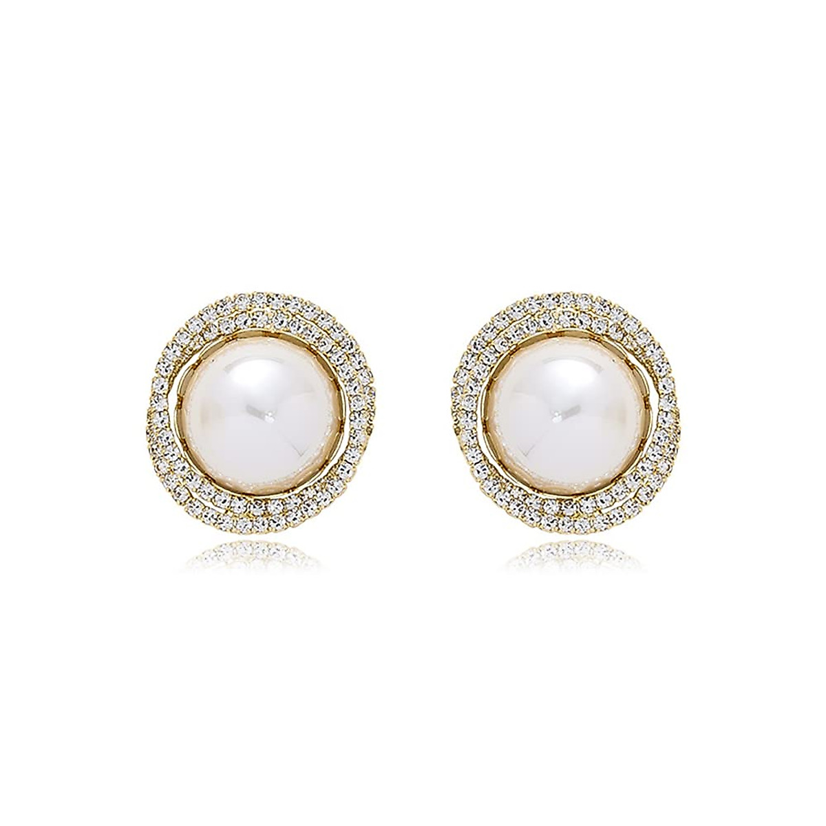 ERLOSYA Big Pearl White Hoop Earrings for Women 14k Gold Sliver Plated Cubic Zirconia Freshwater Cultured Pearls Dangle Drop Studs Earring Jewelry for Woman (Gold)