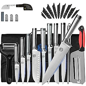 XYJ Authentic Since 1986,9-pieces Professional Japanese Chef Knife Set With Roll Bag,Vegetable Slicer Peeler Stainless Steel Slicing Bread Santoku Knife Kitchen Cutting Cooking Tools Set