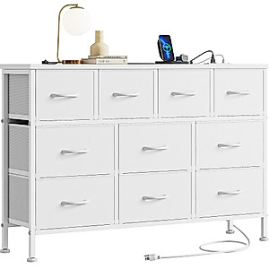 YaFiti Dresser TV Stand with Power Outlet, 43" Long Dresser for Bedroom with 10 Fabric Drawers, Chest of Drawers for Living Room, Hallway (White)
