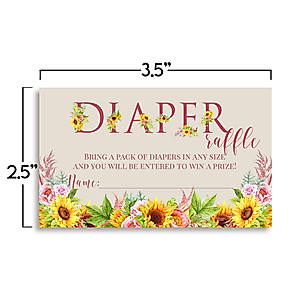Amanda Creation Watercolor Sunflower & Peony Floral Spring Diaper Raffle Tickets for Baby Showers, 20 2" X 3” Double Sided Inserts, Bring a Pack of Diapers to Win Favors & Priz