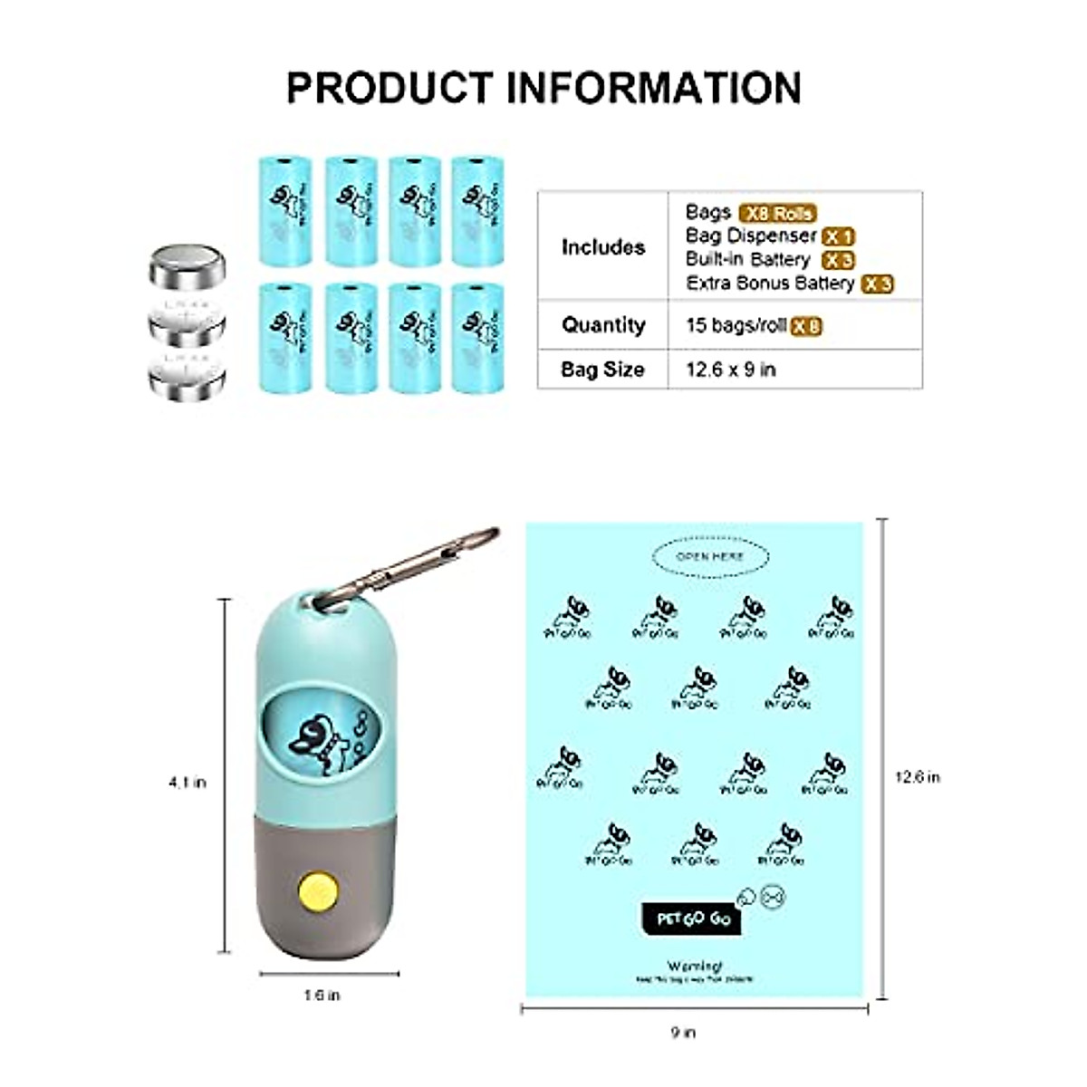 Potaroma Dog Poop Bags, 8 Rolls Guaranteed Leak-Proof Doggie Poop Bags, Extra Thick Waste Bags, Lavender Scented, 120 Count, Includes Flashlight Bag Dispenser Holder