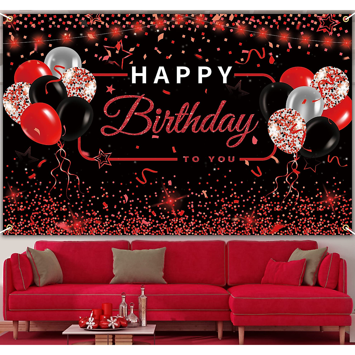 Red and Black Happy Birthday Background Banner Sign Poster Large Fabric Glitter Balloon Fireworks Sign Birthday Photo Backdrop Background for Kid Adults Birthday Party Decoration Supplies,65 x 41 Inch
