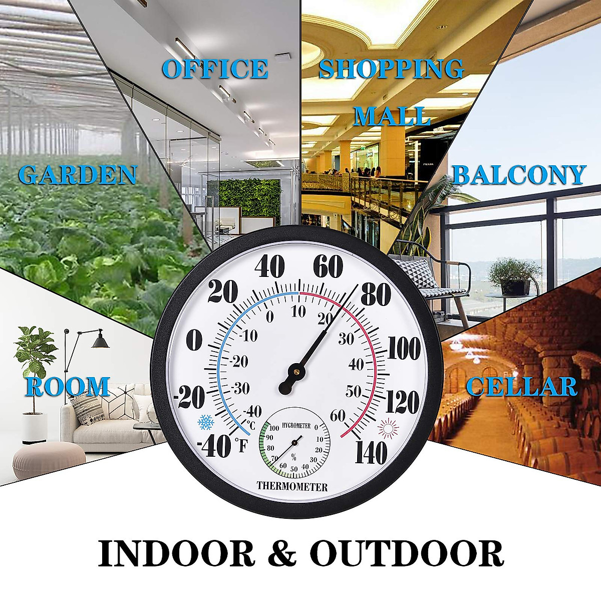Indoor Outdoor Thermometer Large Numbers Wall Thermometer Hygrometer Waterproof Does not Require Battery 10 inch Wireless Hanging Hygrometer Garden Decoration (Black)