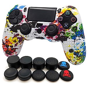 FOTTCZ Anti-Slip Silicone with Dots on Hand Grip Skin Set, Protect for PlaySation 4 Controller (Alias Wireless DualShock 4), which 1pcs Controller Skin + 8pcs Thumb Grip Caps - Rainbow Camo