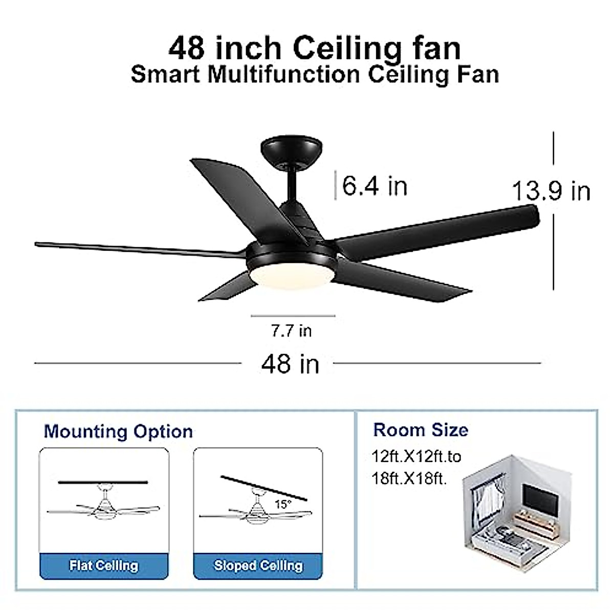 Wellspeed Ceiling Fans with Lights and Remote, 48 Inch Ceiling Fan with Reversible Blades, Quiet Motor, Modern Ceiling Fan for Living Room, Bedroom, Patios, Dining Room (Black, 48 Inch)