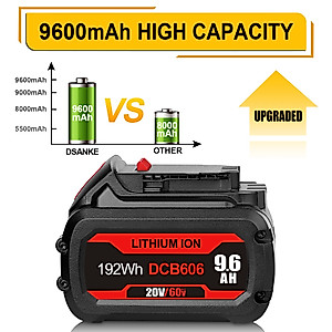 DSANKE DCB606 20V/60V 9.6Ah Lithium Battery Replace for DeWalt 60V Battery Compatible with DeWalt DCB606 DCB612 DCB606-2 DCB609 DCB609-2 DCB204 DCB205 DCB206 20V/60V/120V MAX Cordless Power Tools