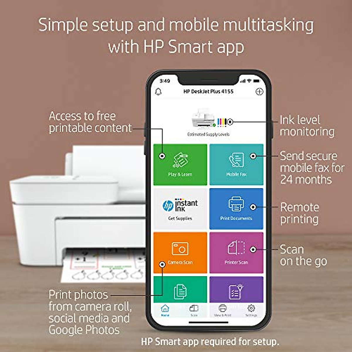 HP DeskJet Plus 4155 Wireless All-in-One Printer, Mobile Print, Scan & Copy, HP Instant Ink Ready, Auto Document Feeder, Works with Alexa (3XV13A)