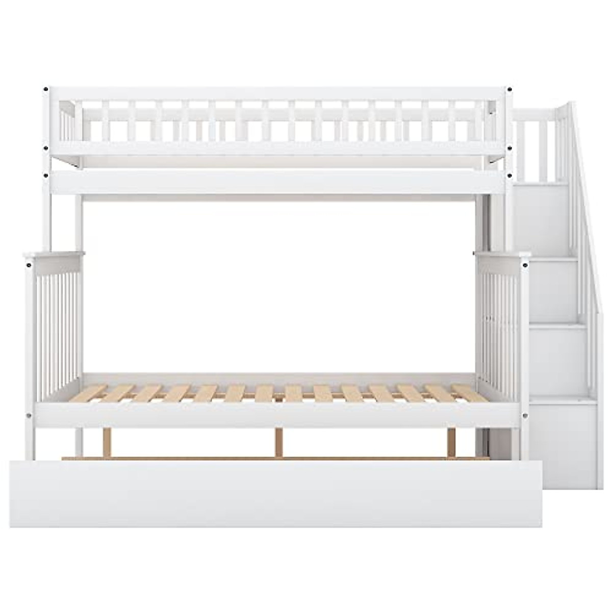 Merax Twin Over Full Bunk Bed with Trundle, Storage Staircase, and Guard Rail, No Box Spring Needed, White