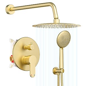 Gabrylly Shower System, Gold Shower Faucet Set with Pressure Balance Shower Valve, 12 Inch Gold Shower Heads with handheld Spray Combo, Wall Mounted Shower Fixtures, Brushed Gold