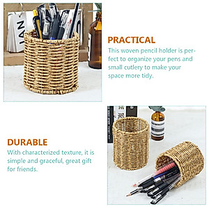 Cabilock Pen Holder Desktop Sundries Organizer Boho Desk Accessories Rattan Storage Bins Pen Cup Table Pen Organizer Pencil Holder Willow Basket Plastic Office Multifunction
