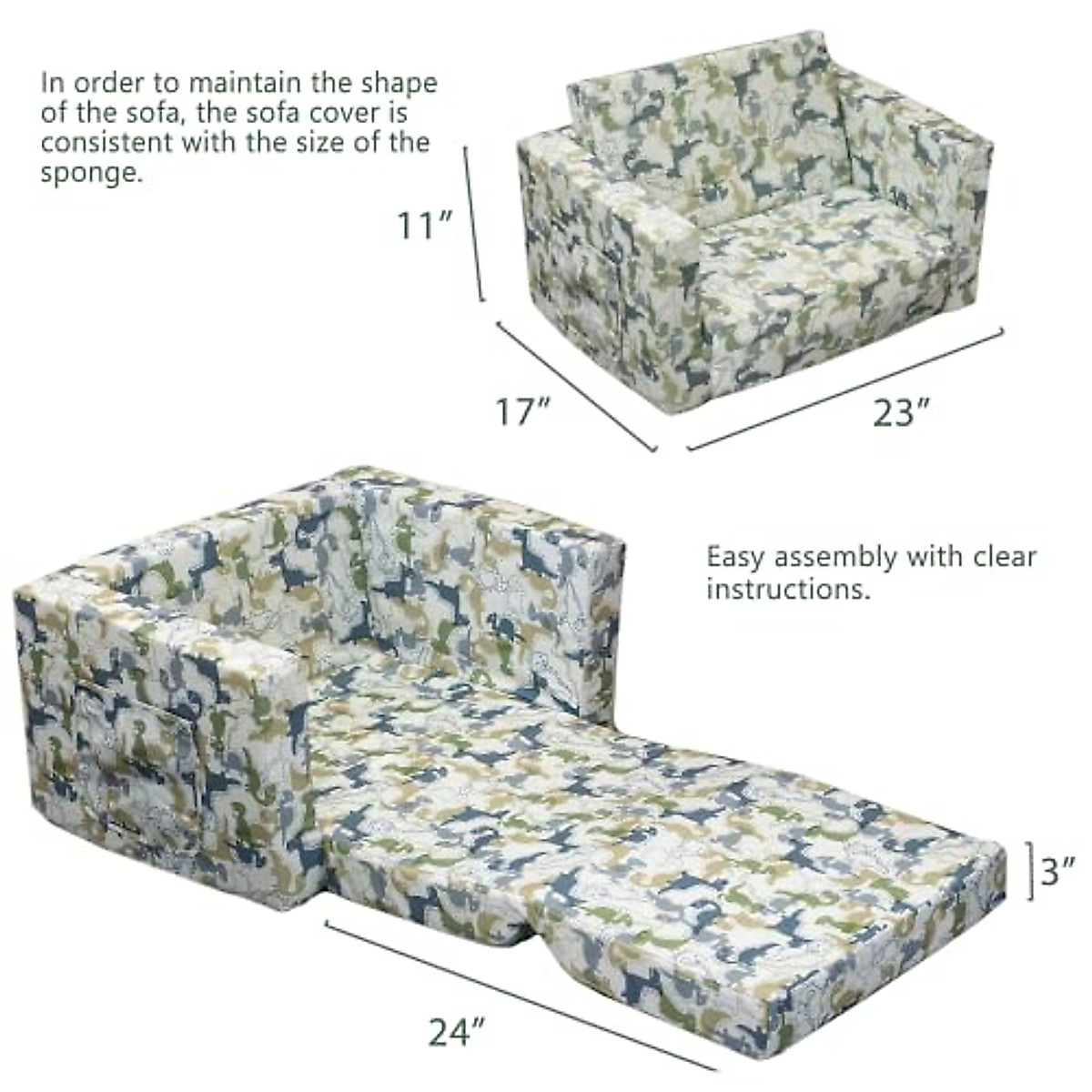 Truwelby Kids Sofa, Children's 2 in 1 Convertible Sofa to Lounger - Extra Soft Flip Open Chair & Sleeper, Cute Dinosaur Print Toddler Chair Kids Couch for Kids Girls Boys