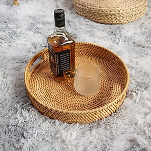 DECRAFTS Coffee Table Tray Round Rattan Ottoman Tray Woven Serving Trays with Handles for Home and Kitchen Decorative Natural (Large 14 inch x 2.8 inch)