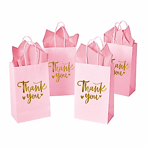DjinnGlory 50 Pack Small Pink & Gold Foil Thank You Paper Gift Bags with Handles 9''x5.5''x3.15'' and 50 Tissue Paper for Mother's Day Wedding Bridal Baby Shower Birthday Princess Party Supplies