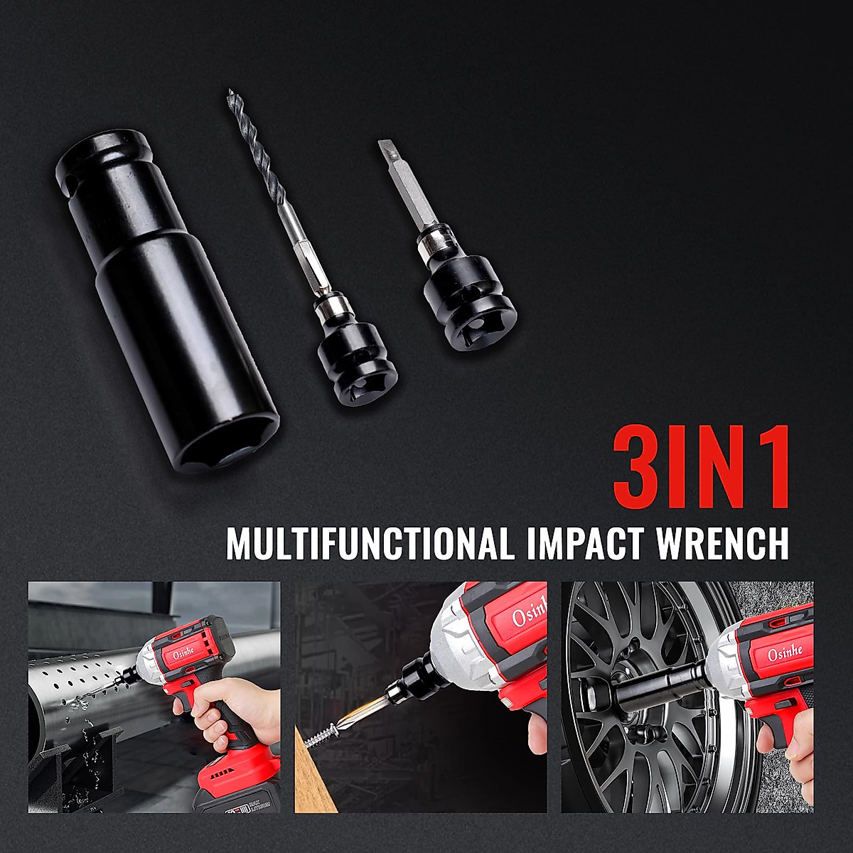 Osinhe 21V Cordless Impact Wrench, 406Ft-lbs (550N.m) Max Torque, Brushless 1/2 inch Impact Wrench, 1Pcs 4.0Ah Battery, Fast Charger, 5Pcs Driver Sockets, Drill & Screwdriver, Tool Box