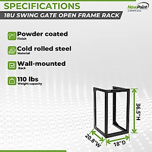 NavePoint 18U Server Rack with Swing Gate - 18U Wall Mount Rack for 19 Inch IT Equipment Open Frame Rack – Network Rack Wall Mount for AV & Server Equipment 18” Deep 18U Rack, Black