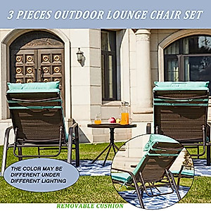 LOKATSE HOME Outdoor Lounge Chair Set 3 Pieces Patio Cushioned Adjustable Back Chaises with Bistro Table Steel Frame for Backyard Porch Garden Poolside, Light Blue