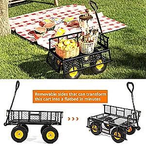 Yardsam Heavy Duty Steel Garden Cart with No-Flat Tires and Liner, 400Lb Capacity Lawn Yard Wagon with Flat-Free Tire Solid Wheels and Removable Sides for Outdoor, Gardening, Farm, Ranch - Black