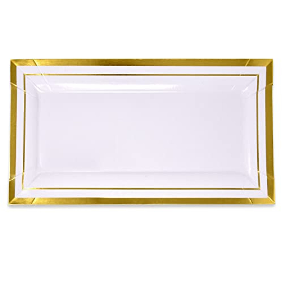 10 White Rectangle Trays with Gold Rim Border for Elegant Dessert Table Serving Parties 14" X 7.5" Heavy Duty Disposable Paper Cardboard for Platters Cupcake Display Birthday Party Weddings Food Safe
