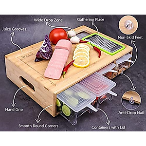 Bamboo Cutting Boards with Containers for Kitchen, Large Multifunctional Chopping Boards Set with Trays and Splash-proof Juice Groove Butcher Block for Quick Food-prep/Storage, 4 Graters & 6 Bowl Lids