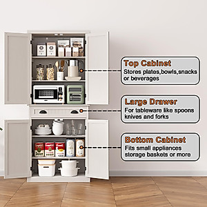 Function Home 72" Kitchen Pantry Cabinet, Tall Storage Cabinet, Freestanding Cupboard with Drawer and Adjustable Shelves, Pantry Cabinets for Kitchen Bathroom Living Room, White