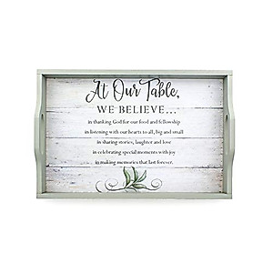 at Our Table We Believe Prayer Serving Tray with Slatted Wood Look 18"x 12" Rustic Farmhouse Modern Sage Green Leaves Decorative Large Platter