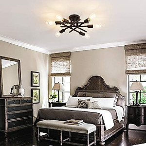 ASGYISA Semi Flush Mount Modern Ceiling Light Fixture， 6 Lights Black Vintage Matte Sputnik Chandelier Ceiling Lamp with E26 Bulb Base for Farmhouse Dining Room Living Room Bedroom Study Kitchen