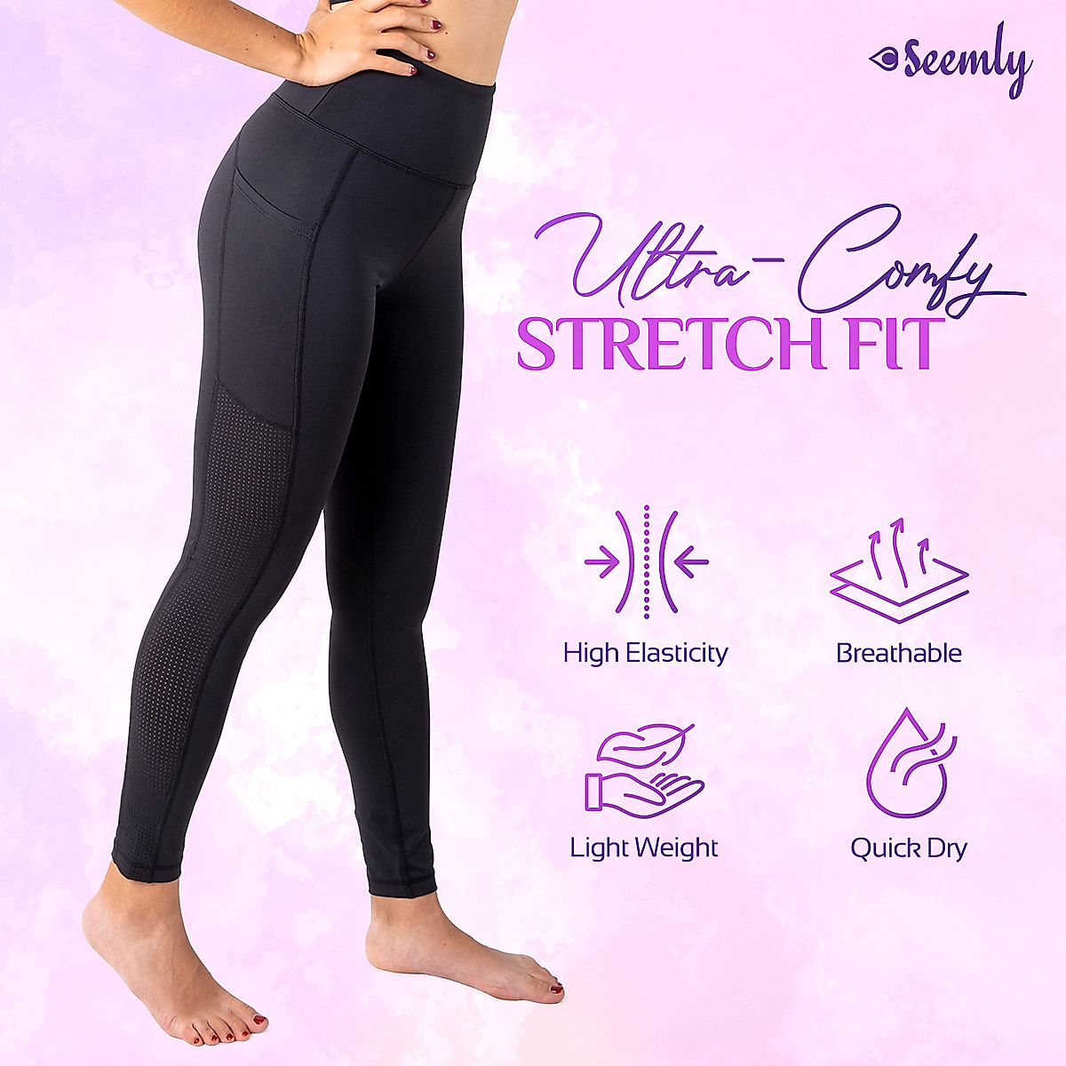 SEEMLY High Waisted Leggings with Pockets | Breathable Yoga Pants| Women Workout Leggings for Tummy Control | Made from Quick-Drying, Non-See Through Fabric with High Elasticity Black