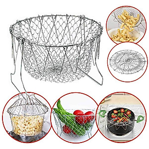 304 Stainless Steel Foldable Steam Rinse Strain Fry Basket Strainer Net Kitchen Cooking Tool for Fried Food or Fruits